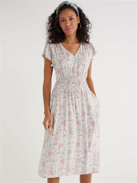 Time And Tru Womens Smocked Waist Midi Dress With Short Sleeves Sizes