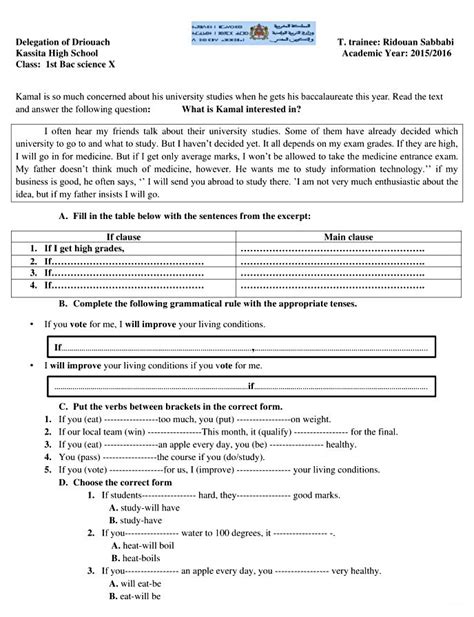 Reading And Conditional Type 1 2 1bac Lesson