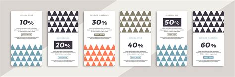 기하학적 패턴의 수직 홍보 웹 배너 세트 소셜 미디어 모바일 앱 스토리에 대한 트렌디 한 판매 및 할인 프로모션 창의적인 배경 벡터 편집 가능한 배경 Eps 10 0명에