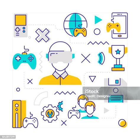 비디오 게임 관련 라인 스타일 배너 디자인 웹 페이지 헤드 라인 브로셔 연례 보고서 및 책 표지 Brand Name Video Game에 대한 스톡 벡터 아트 및 기타