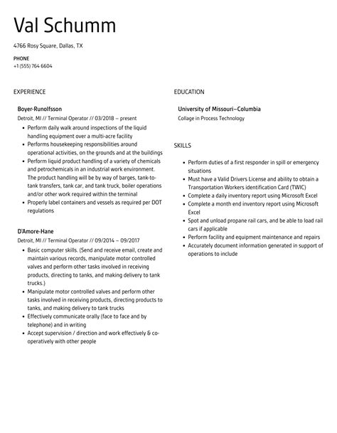 Terminal Operator Resume Samples Velvet Jobs