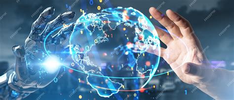 Premium Ai Image Robot Hand And Human Hand Against A Glowing Digital Globe Generative Ai
