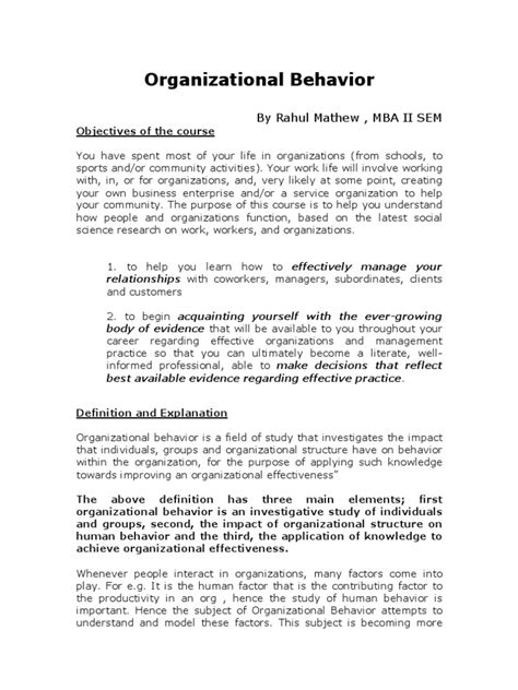 Organizational Behavior Overview By Rahul Mathew Pdf Organizational Behavior Psychology