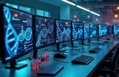 high tech lab setting multiple monitors display dna sequencing data