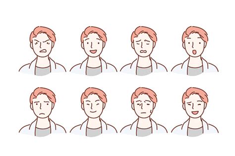 배경에 격리 된 다른 얼굴 표정을 가진 잘 생긴 남자 초상화 어린 소년 미소 행복 종류 인사 감정 행복 분노 웃음 놀라움 쾌활한 화가 불행한 기쁨 슬픈 얼굴 벡터 문자
