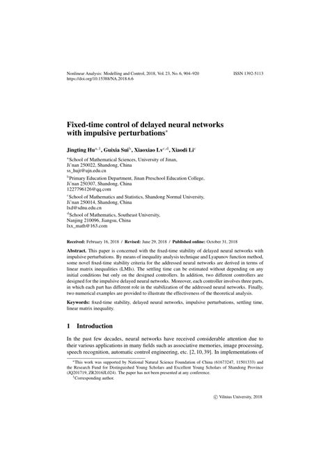 Pdf Fixed Time Control Of Delayed Neural Networks With Impulsive Perturbations
