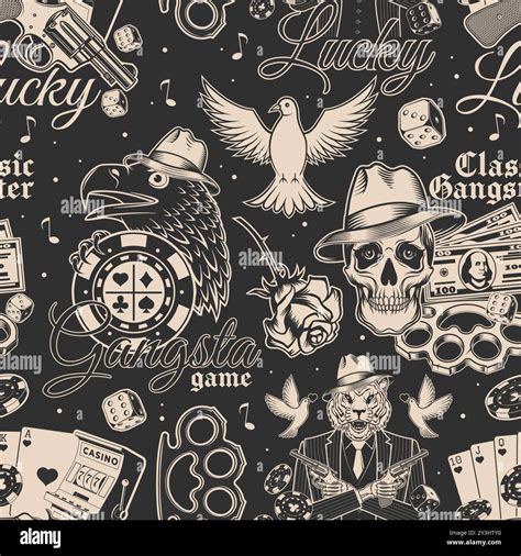 Gangster Seamless Pattern Vector Illustration Vintage Monochrome