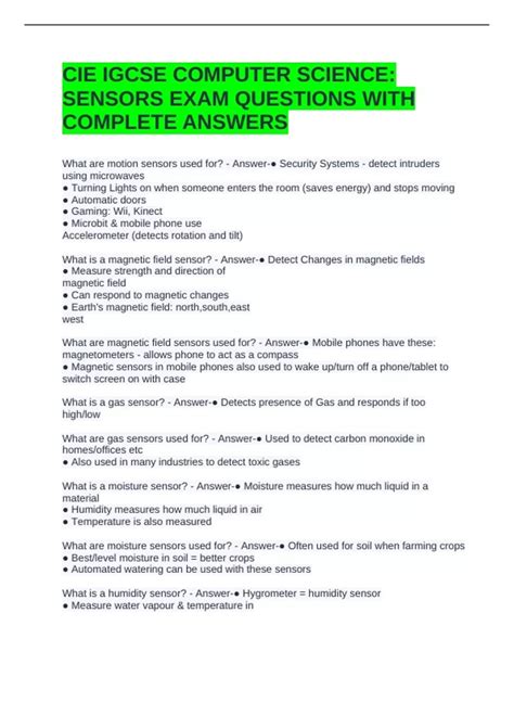 CIE IGCSE COMPUTER SCIENCE SENSORS EXAM QUESTIONS WITH COMPLETE ANSWERS CAMBRIDGE IGCSE