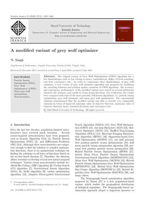 Pdf A Modified Variant Of Grey Wolf Optimizer