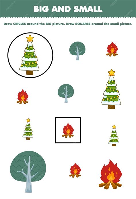 아이들을 위한 교육 게임은 귀여운 만화 크리스마스 트리와 모닥불 인쇄용 겨울 워크시트의 원과 사각형을 그려서 크거나 작은 크기로 정렬합니다 프리미엄 벡터