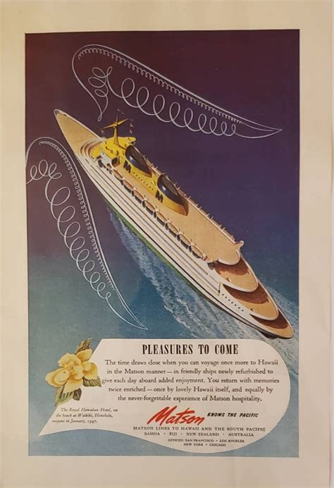 1946 Matson Lines Hawaii Cruise Ship Travel Vintage Print Ad Etsy