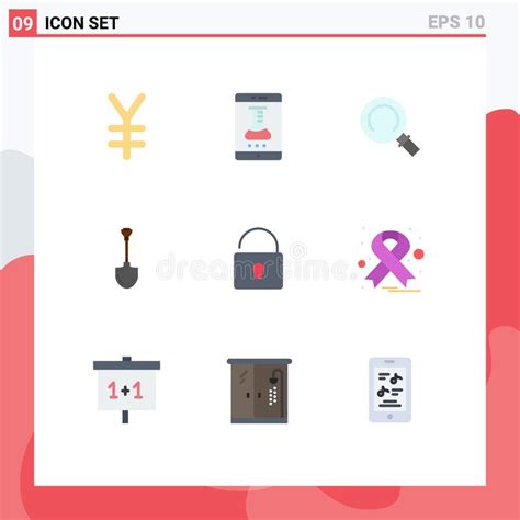 Flat Color Pack Of 9 Universal Symbols Of Lock Digging General Repair Shovel Stock Vector
