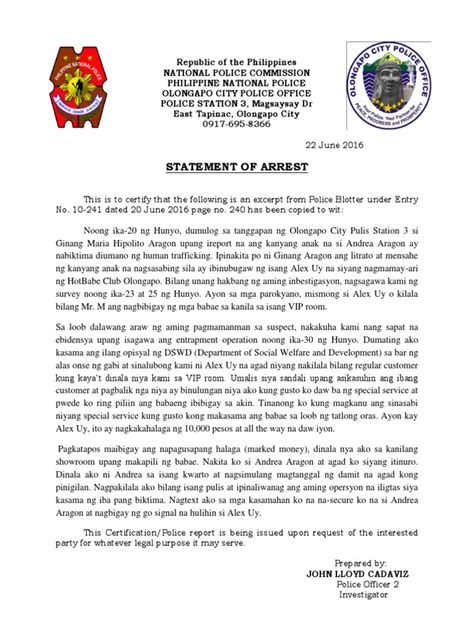 Statement Of Arrest Pdf