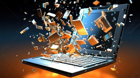 Cpu가 공중으로 솟아올라 노트북 유리를 수많은 조각으로 깨뜨리는 모습을 묘사한 3d 일러스트레이션 프로세서 배경 충돌 배경 노트북 컴퓨터 배경 이미지 Hd 프로세서