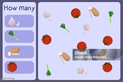 마늘 부추 얌 토마토 아이 수학 미니 게임 얼마나 많은 야채를 계산합니다 어린이를위한 교육 게임 다채로운 배경에 만화 디자인 템플릿 벡터 그래픽입니다 0명에 대한 스톡 벡터