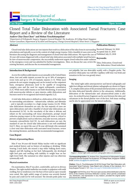 Pdf Closed Total Talar Dislocation With Associated Tarsal Fractures Case Report And A Review