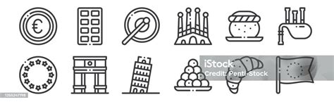 선형 유럽 아이콘 12세트 유럽 비터발렌 아크 드 개선문 셈라 탬버린 초콜릿 웹용 초콜릿 모바일 과 같은 얇은 윤곽선 아이콘 0명에 대한 스톡 벡터 아트 및 기타 이미지