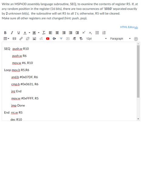 solved write an msp430 assembly language subroutine seq to