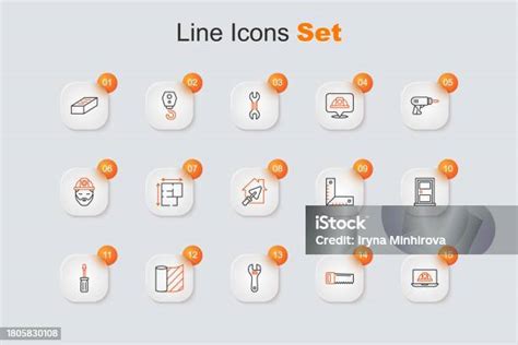 세트 라인 작업자 안전 헬멧 손톱 조정 가능한 렌치 벽지 드라이버 닫힌 문 모서리 눈금자 및 흙손 아이콘이 있는 집 벡터 0명에
