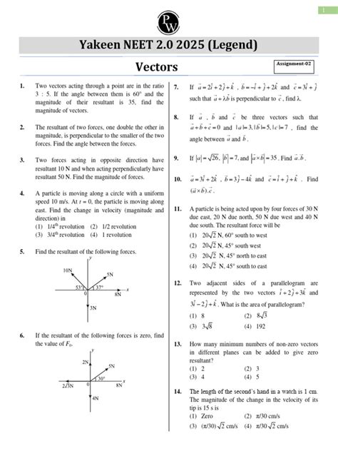 Vectors Assignment 02 Only Pdf Yakeen Neet 20 2025 Pdf Force