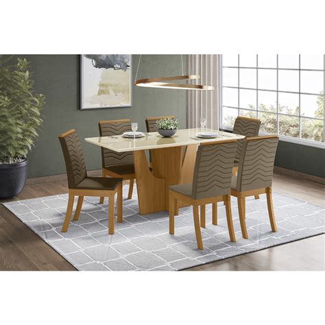 Mesa De Jantar 6 Cadeiras 6 Lugares Retangular Tampo De Vidro Viero Valência Suede Bege Bela