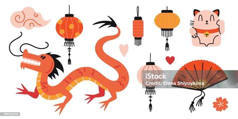 붉은 용 중국 등불 부채 마네키네코 고양이와 같은 아시아 문화의 전통적인 동양 상징으로 설정되어 있습니다 트렌디 한 현대 벡터 일러스트 레이 션은 흰색 손으로 그린 평면