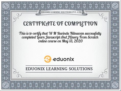 Completion Certificate For Learn Javascript And Jquery From Scratch