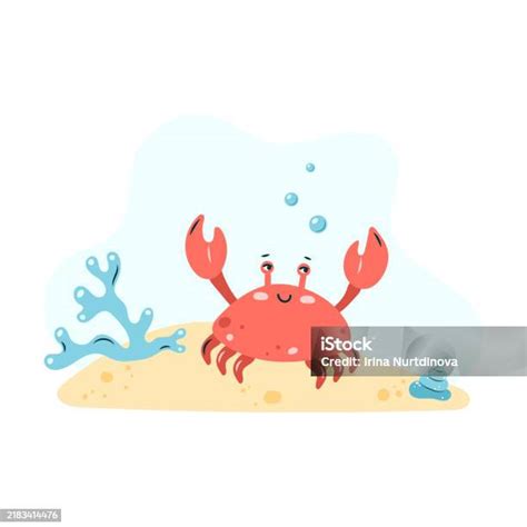 귀여운 게가 수중 바다를 헤엄칩니다 흰색 배경에 게가 있는 포스터입니다 어린이 스타일의 캐릭터 벡터 일러스트 레이 션 갈고리 발톱에 대한 스톡 벡터 아트 및 기타 이미지