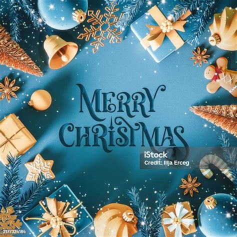 파란색 배경에 선물 상자와 텍스트가 있는 아름 다운 크리스마스 장면 베이지색과 파란색 크리스마스 인사말 카드 디자인입니다 배경 주제에 대한 스톡 사진 및 기타 이미지