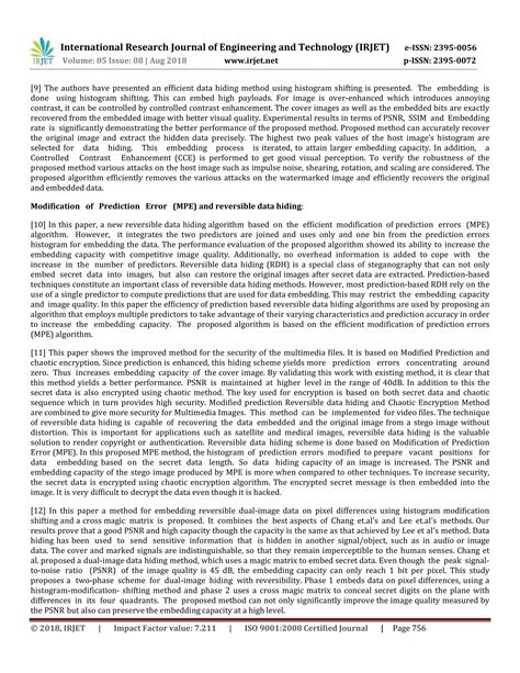 irjet reversible data hiding using histogram shifting method a