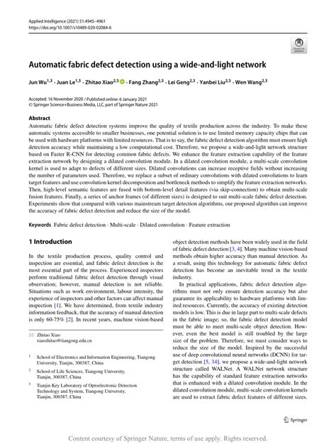 Automatic Fabric Defect Detection Using A Wide And Light Network Request PDF