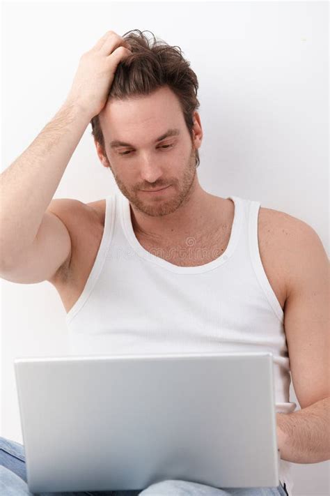 Athletic Man Browsing Internet On Laptop Stock Image Image Of Leisure European