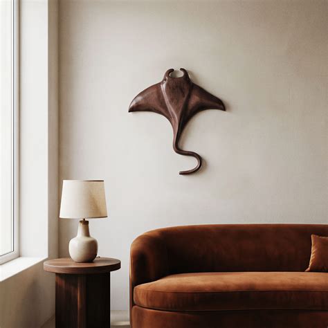 Hand Carved Dark Teak Manta Ray Wall Art Coastal Wooden Decor Noro Arts