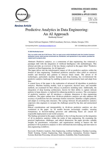 Pdf Predictive Analytics In Data Engineering An Ai Approach