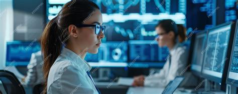 Focused Female Data Analyst Working On Computer In A Modern Office With Multiple Screens