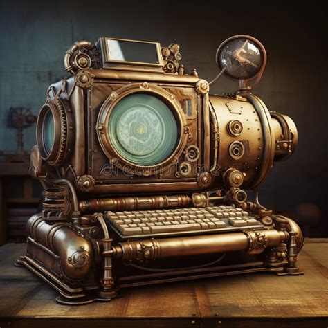 Steampunk Style Computer With Monitor And Keyboard Generative Ai Stock