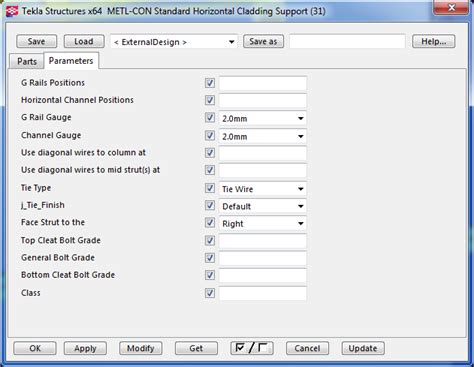 metl con standard horizontal cladding support 31 parameters tab
