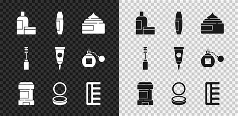 세트 크림 또는 로션 화장품 튜브 마스카라 브러시 발한 억제제 데오도란트 롤 거울이 있는 메이크업 파우더 헤어브러시 및 아이콘 벡터 Charitable Foundation에