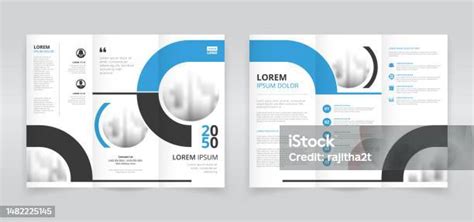 파란색과 검정색 원형 및 수평 줄무늬가있는 최소 삼중 브로셔 템플릿 책자에 대한 스톡 벡터 아트 및 기타 이미지 책자 3단 브로슈어 디자인 Istock