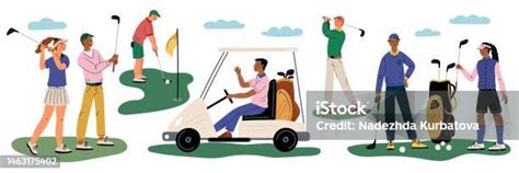 골프 선수 사람들은 골프 클럽과 공을 가지고 놀고 있습니다 만화 골퍼 캐릭터 다른 게임 액세서리 스틱 가방과 자동차 스포츠 경쟁 운동 포즈 화려한 벡터 세트 골프에 대한