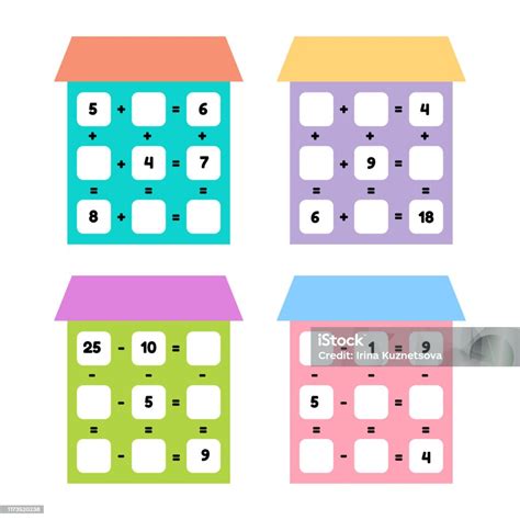 벡터 그림입니다 유치원 및 학교 나이 어린이를위한 수학 게임 올바른 숫자를 세고 삽입합니다 또한 뺄셈 창문이 있는 집 세트 수학에 대한 스톡 벡터 아트 및 기타 이미지