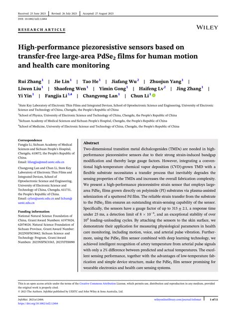 Pdf High‐performance Piezoresistive Sensors Based On Transfer‐free Large‐area Pdse 2 Films For