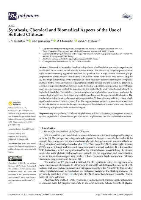 Pdf Synthesis Chemical And Biomedical Aspects Of The Use Of Sulfated Chitosan