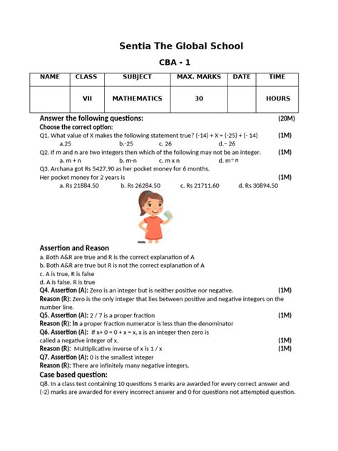Grade 7 Cba 1 Mathematics Assessment Pdf Integer Mathematical Objects