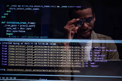 Analyzing Code On Computer Screen With Glasses Stock Image Image Of