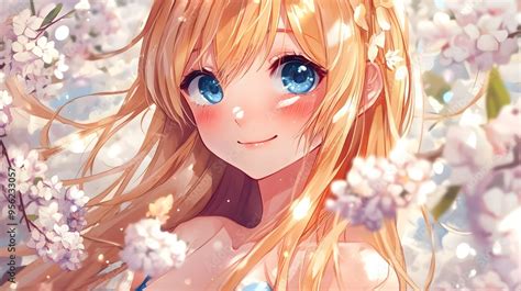 Smiling Anime Girl With Long Blonde Hair And Blue Eyes Surrounded By