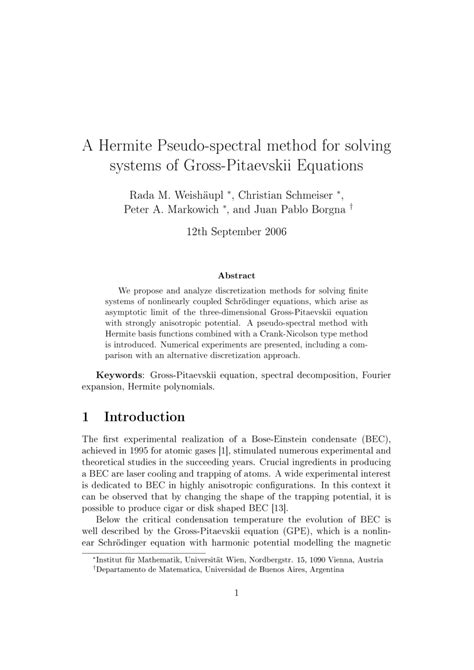 PDF A Hermite Pseudo Spectral Method For Solving Systems Of Gross Pitaevskii Equations