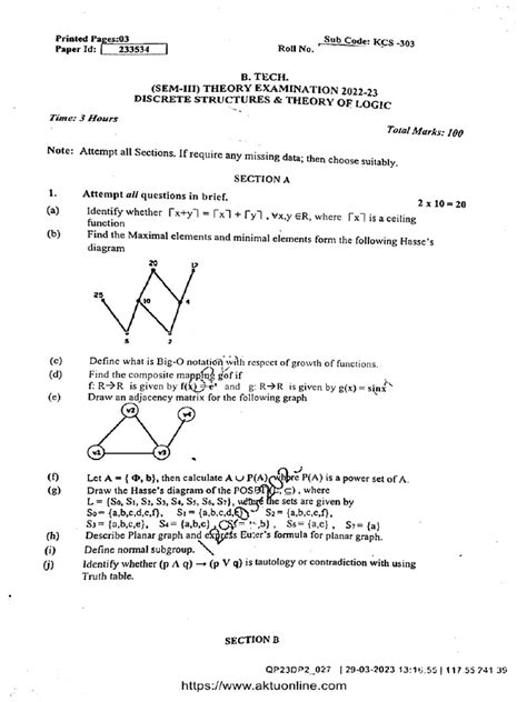 Btech Cs 3 Sem Discrete Structures And Theory Of Logic Kcs 303 2023 Pdf