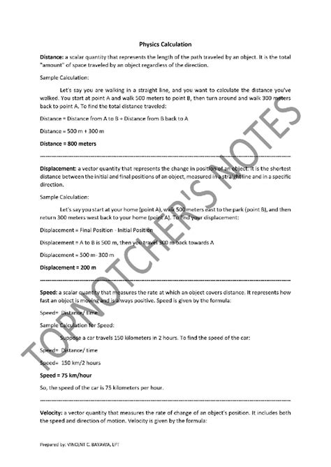 Physics Calculation Handout Physics Calculation Distance A Scalar