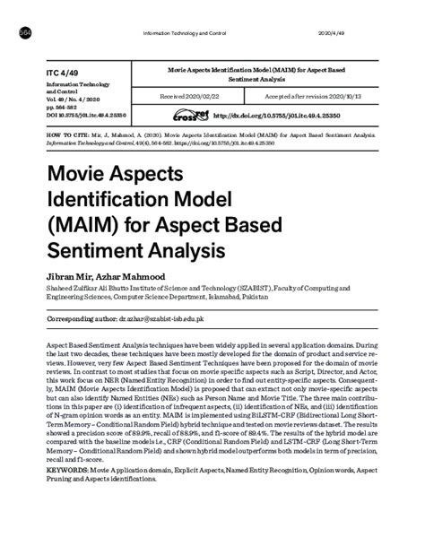 Pdf Movie Aspects Identification Model For Aspect Based Sentiment Analysis